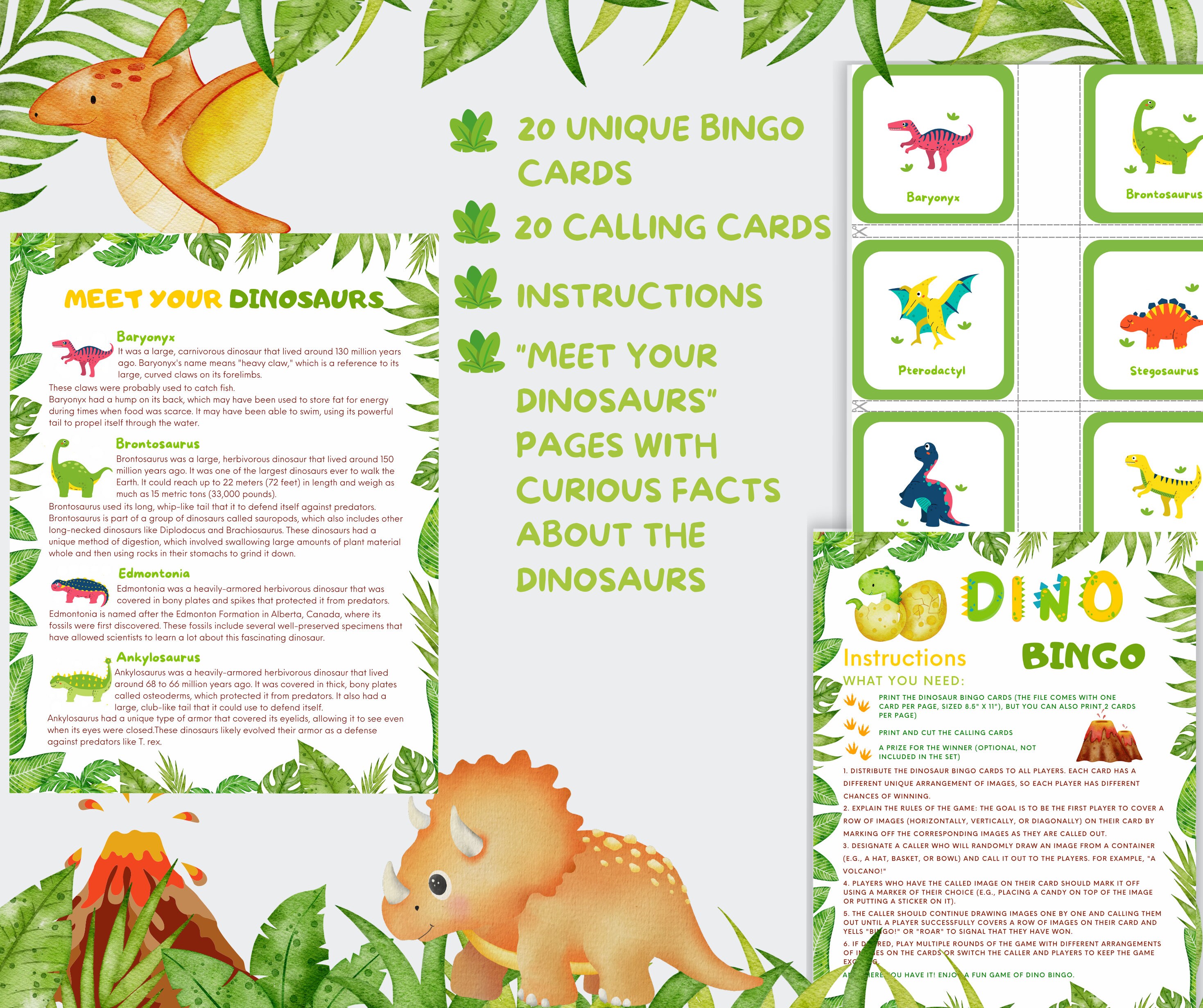 Dinosaur Bingo Game Kids Dinosaur Birthday Party Game With Dinosaurs ...