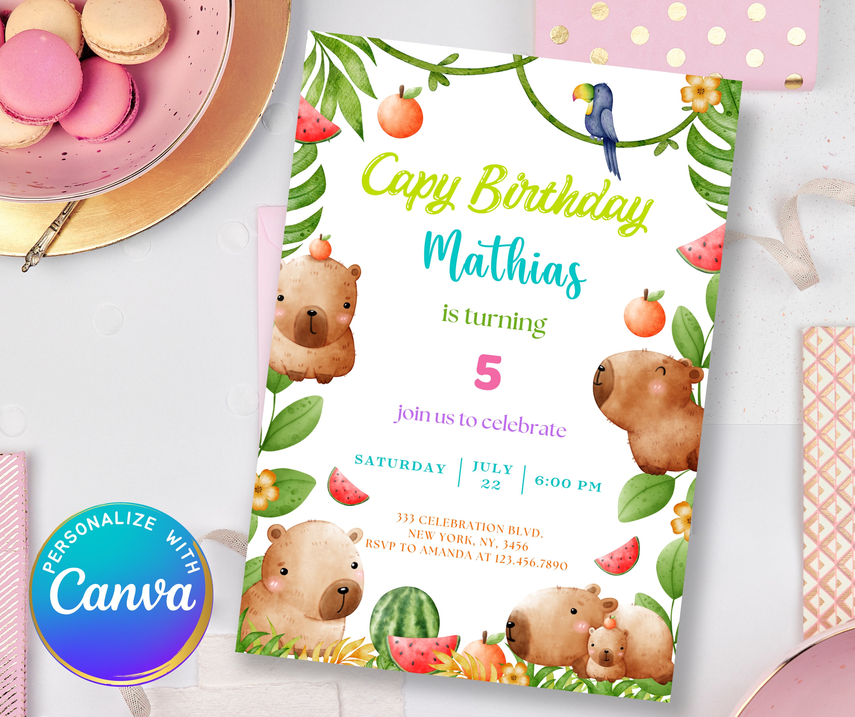 Capybara Birthday Invitation Capybara Girl Birthday Invitation 6th ...