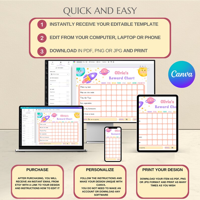 Editable Space Reward Chart Printable Behavior Chart Daily Chore Chart ...
