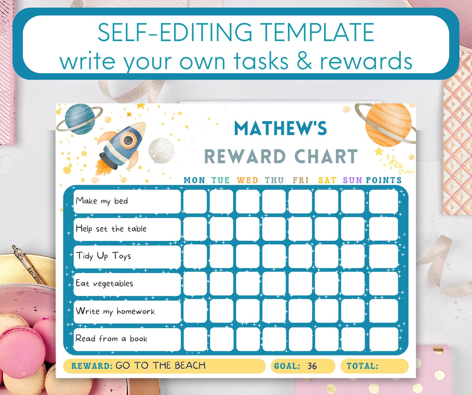 Editable Space Reward Chart Printable Behavior Chart Daily Chore Chart ...