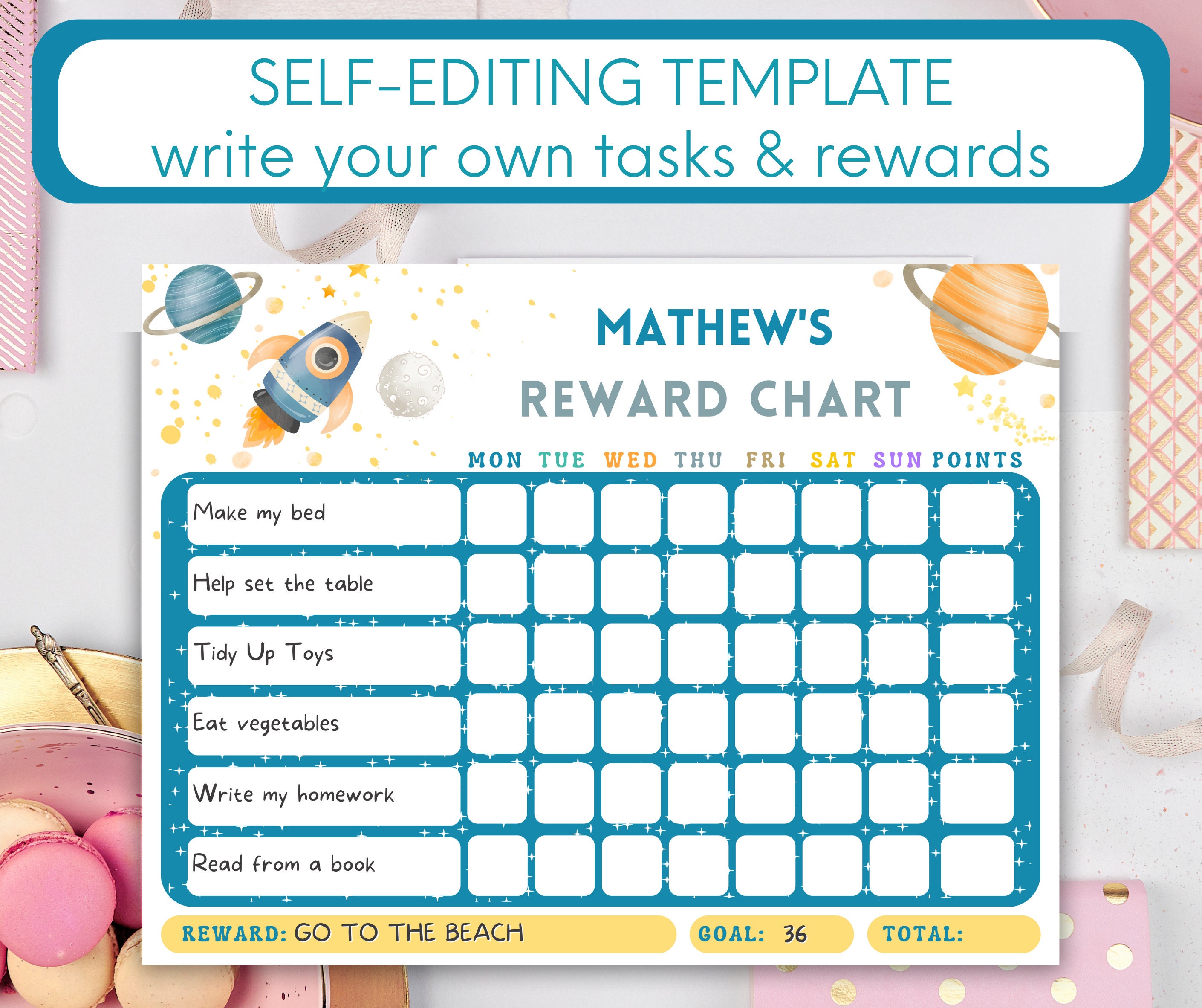 Editable Space Reward Chart Printable Behavior Chart Daily Chore Chart ...