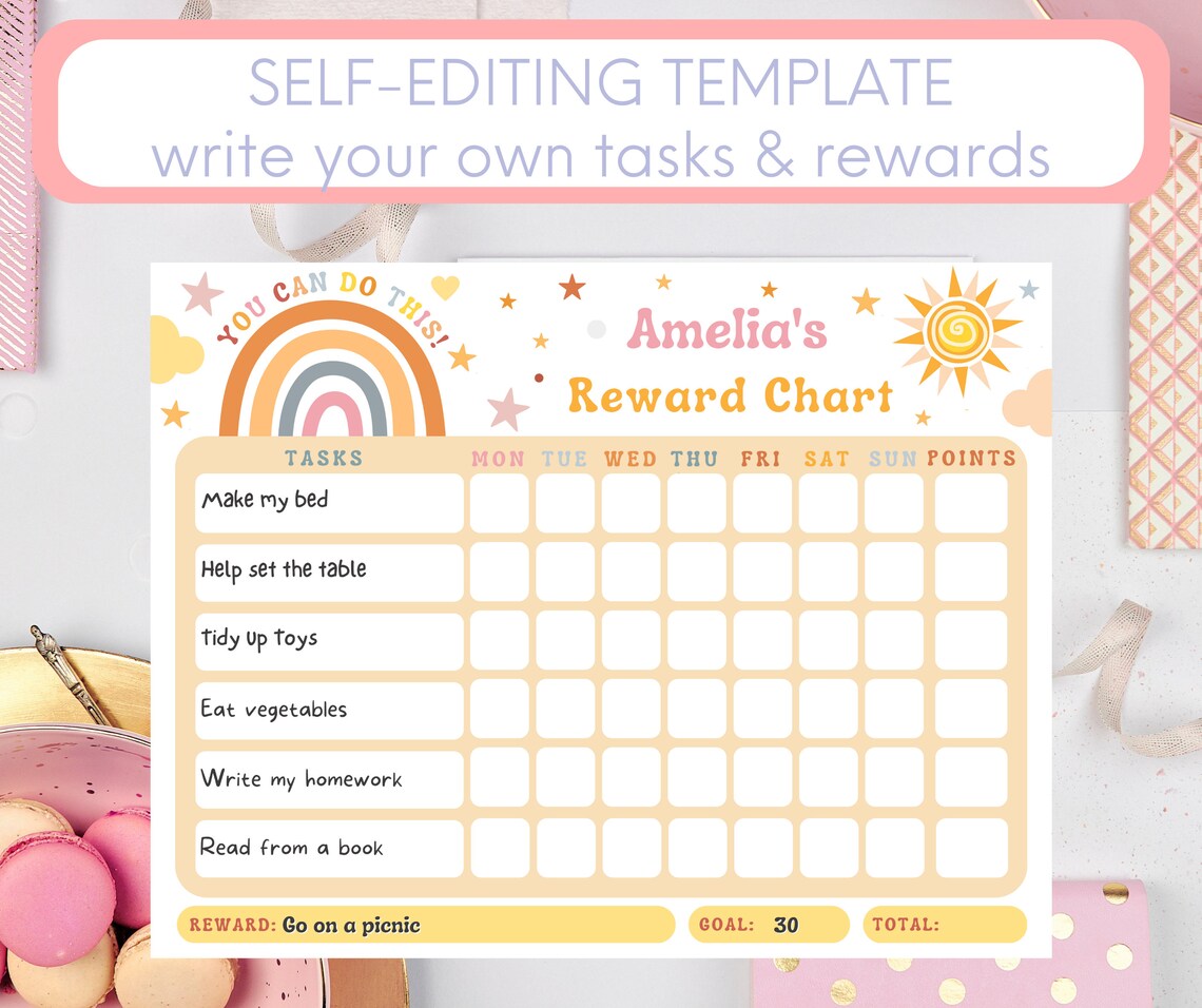 Editable Boho Rainbow Reward Chart for Kids Daily Routine Chart Kids ...