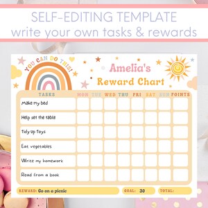 Editable Boho Rainbow Reward Chart for Kids Daily Routine Chart Kids ...