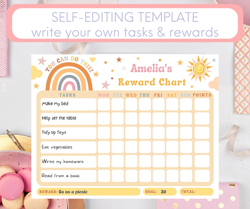 Editable Boho Rainbow Reward Chart for Kids Daily Routine Chart Kids ...