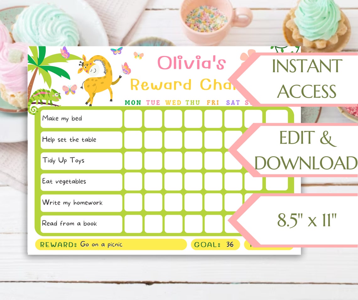 Editable Jungle Animals Reward Chart for Kids Daily Routine Chart Kids ...