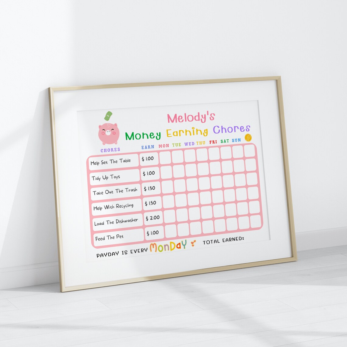 Editable Kids Money Chart Kids Pocket Money Chart Chore Chart Girls ...