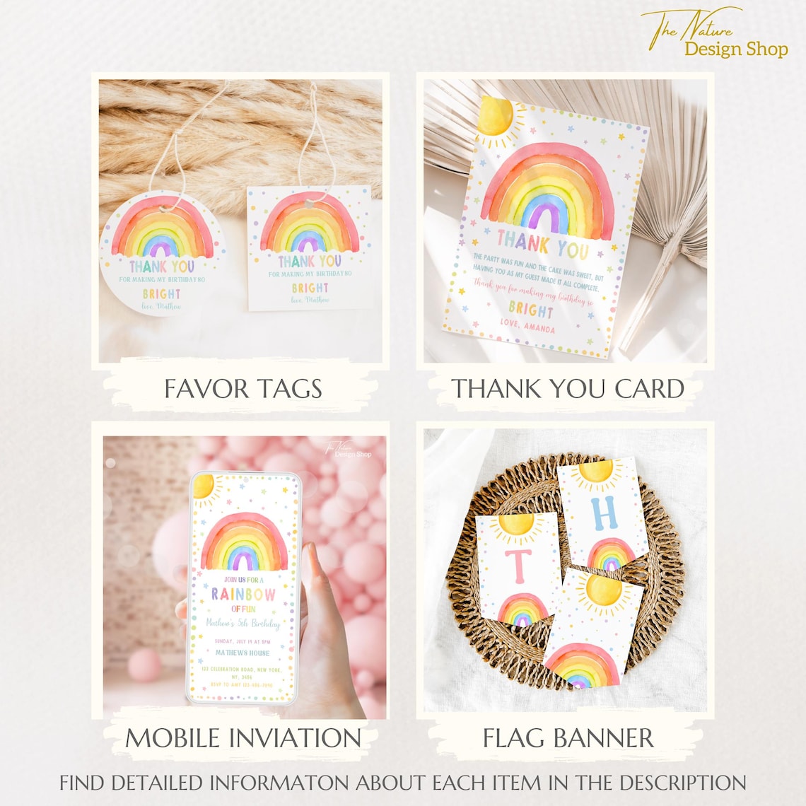 Rainbow Birthday Bundle Girl Birthday Rainbow Digital Invitation ...