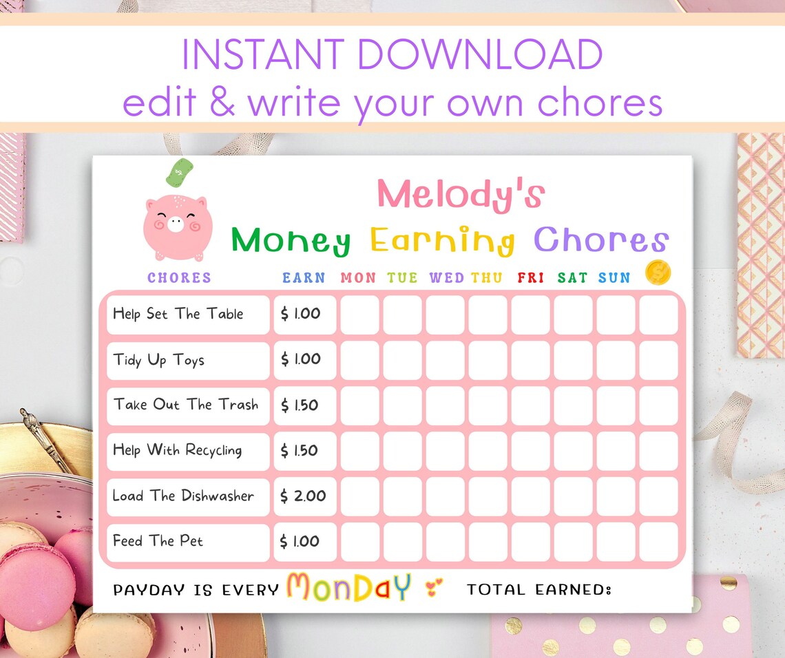 Editable Kids Money Chart Kids Pocket Money Chart Chore Chart Girls ...