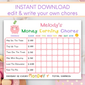 Editable Kids Money Chart Kids Pocket Money Chart Chore Chart Girls ...