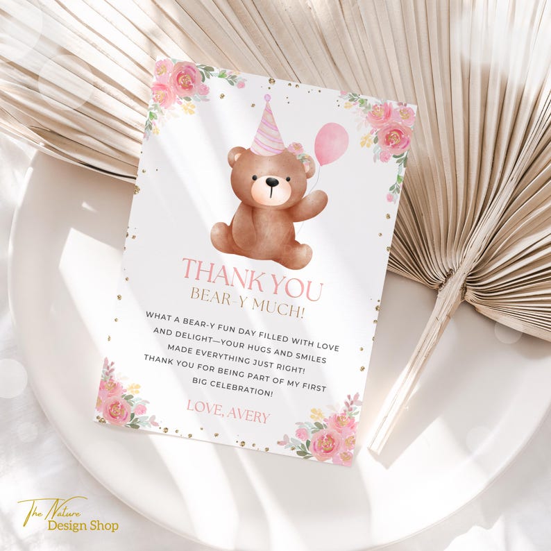 Editable Teddy Bear Thank You Card Thank You Beary Much Girl Beary ...