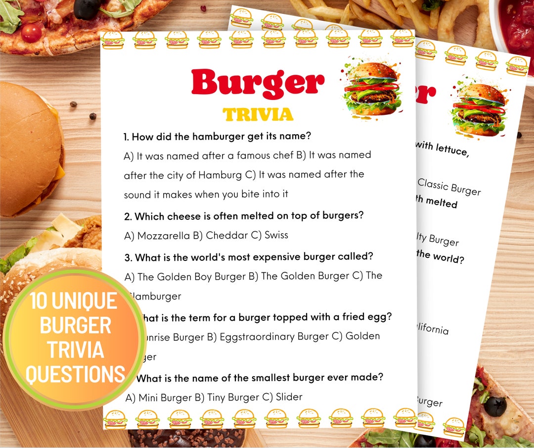 Burger Trivia Game Hamburger Birthday BBQ Baby Shower Games BBQ Party Games BBQ Couples Shower ...