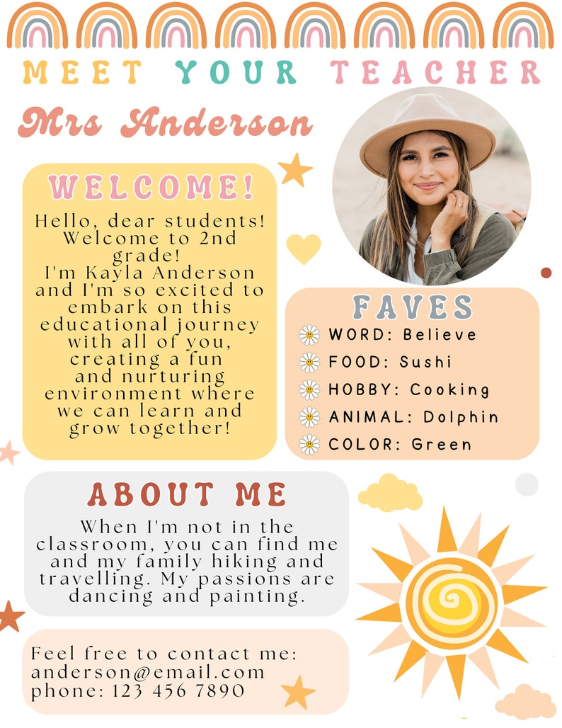 Meet the Teacher Editable Template Teacher Boho Rainbow Teacher Canva ...