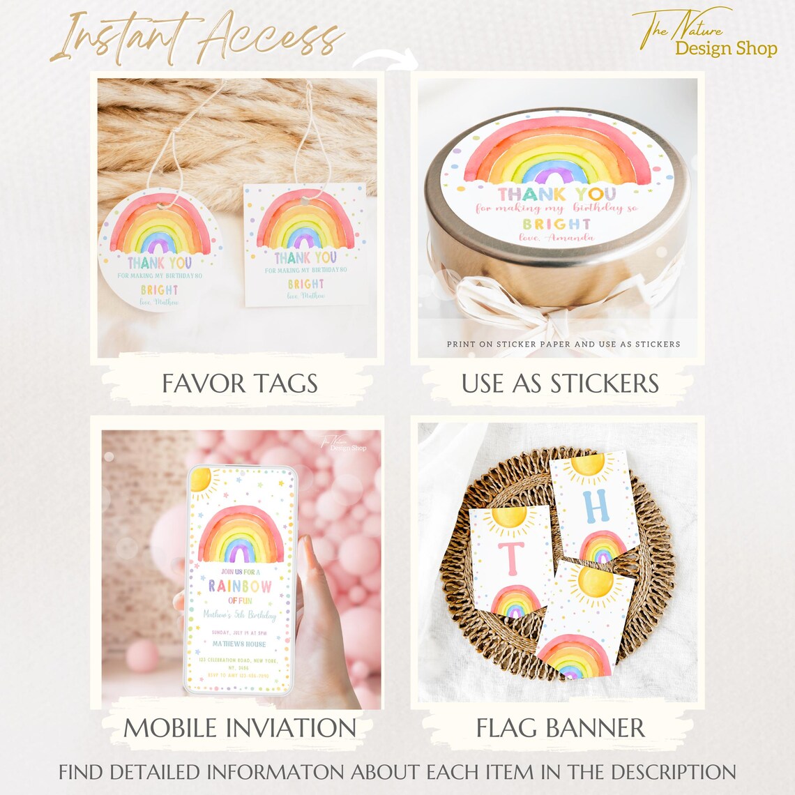 Rainbow Birthday Bundle Girl Birthday Rainbow Digital Invitation ...