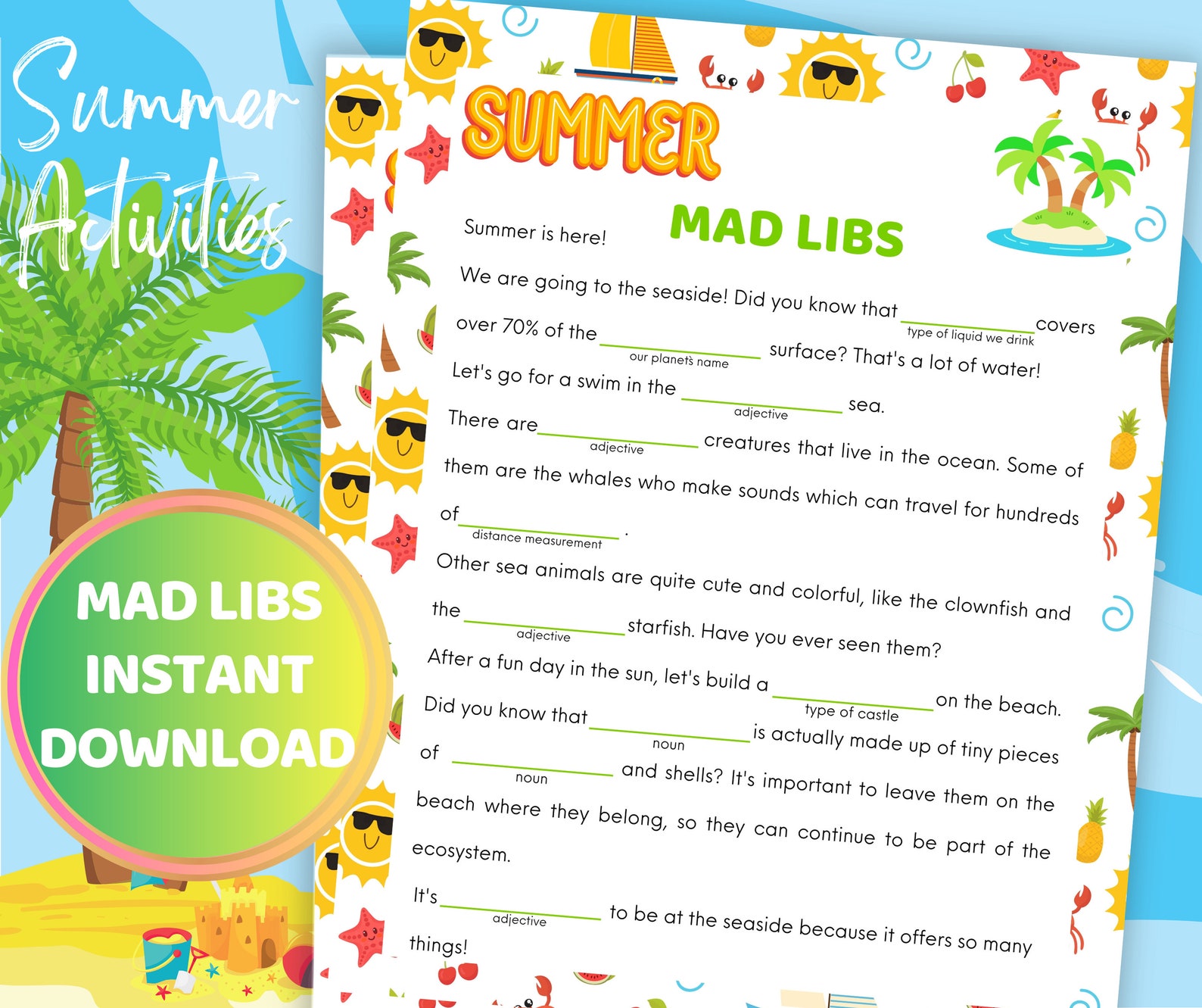 Summer Mad Libs Game Kids Summer Activities Kids Mad Libs Summer Game ...