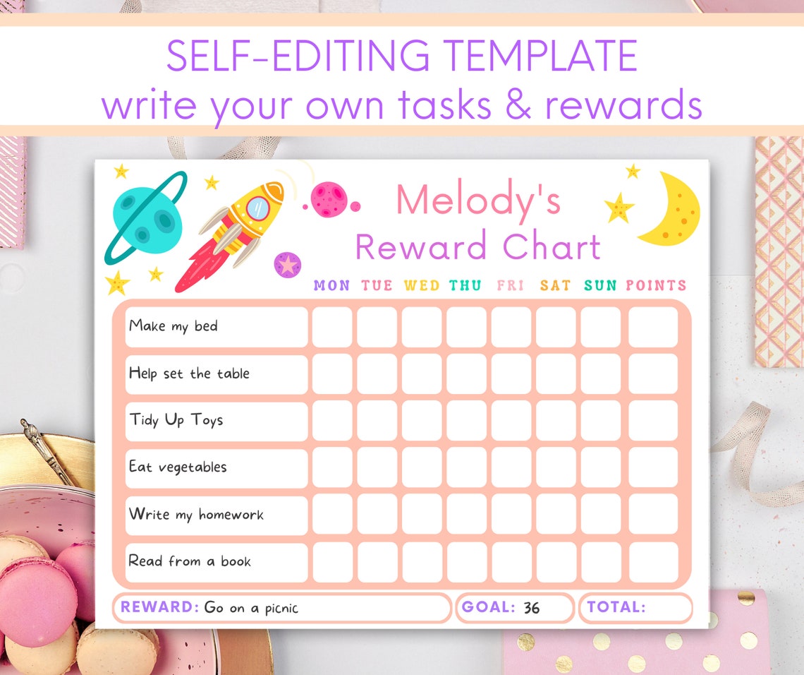 Editable Space Reward Chart Printable Behavior Chart Daily Chore Chart ...