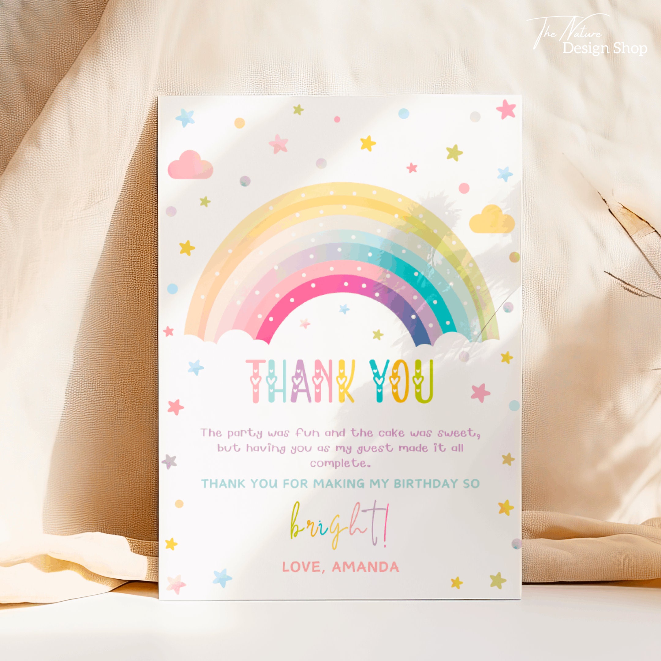Editable Rainbow Birthday Thank You Cards Girl Rainbow Birthday Thank ...