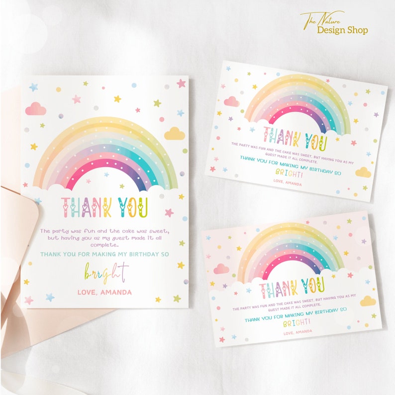 Editable Rainbow Birthday Thank You Cards Girl Rainbow Birthday Thank ...