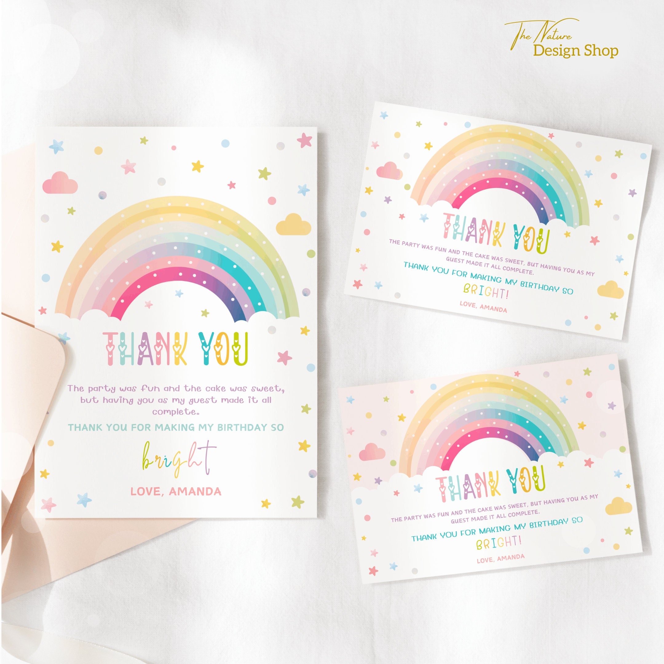 Editable Rainbow Birthday Thank You Cards Girl Rainbow Birthday Thank ...