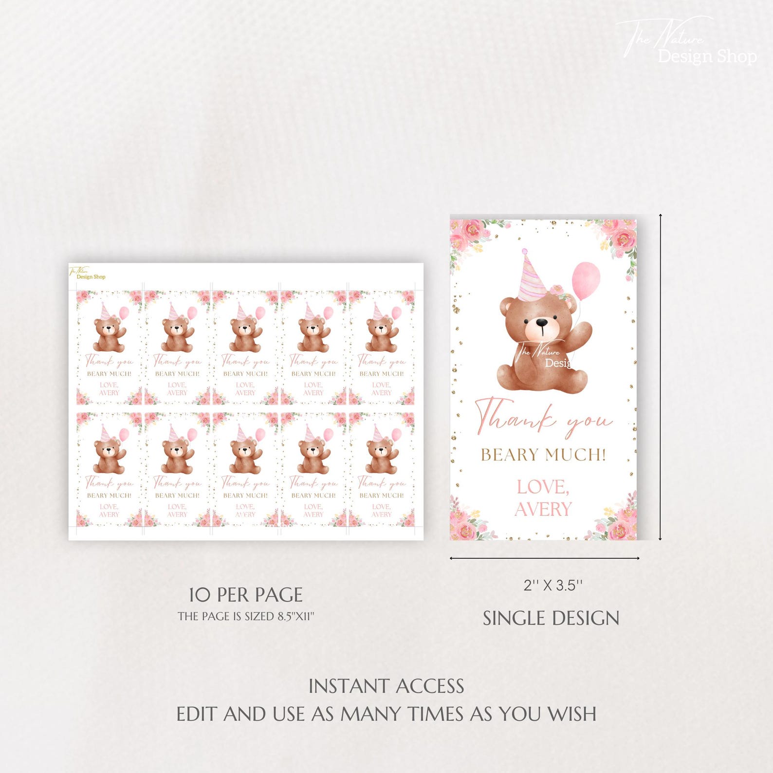 Editable Bear Favor Tag Teddy Bear Thank You Tag Beary First Birthday ...