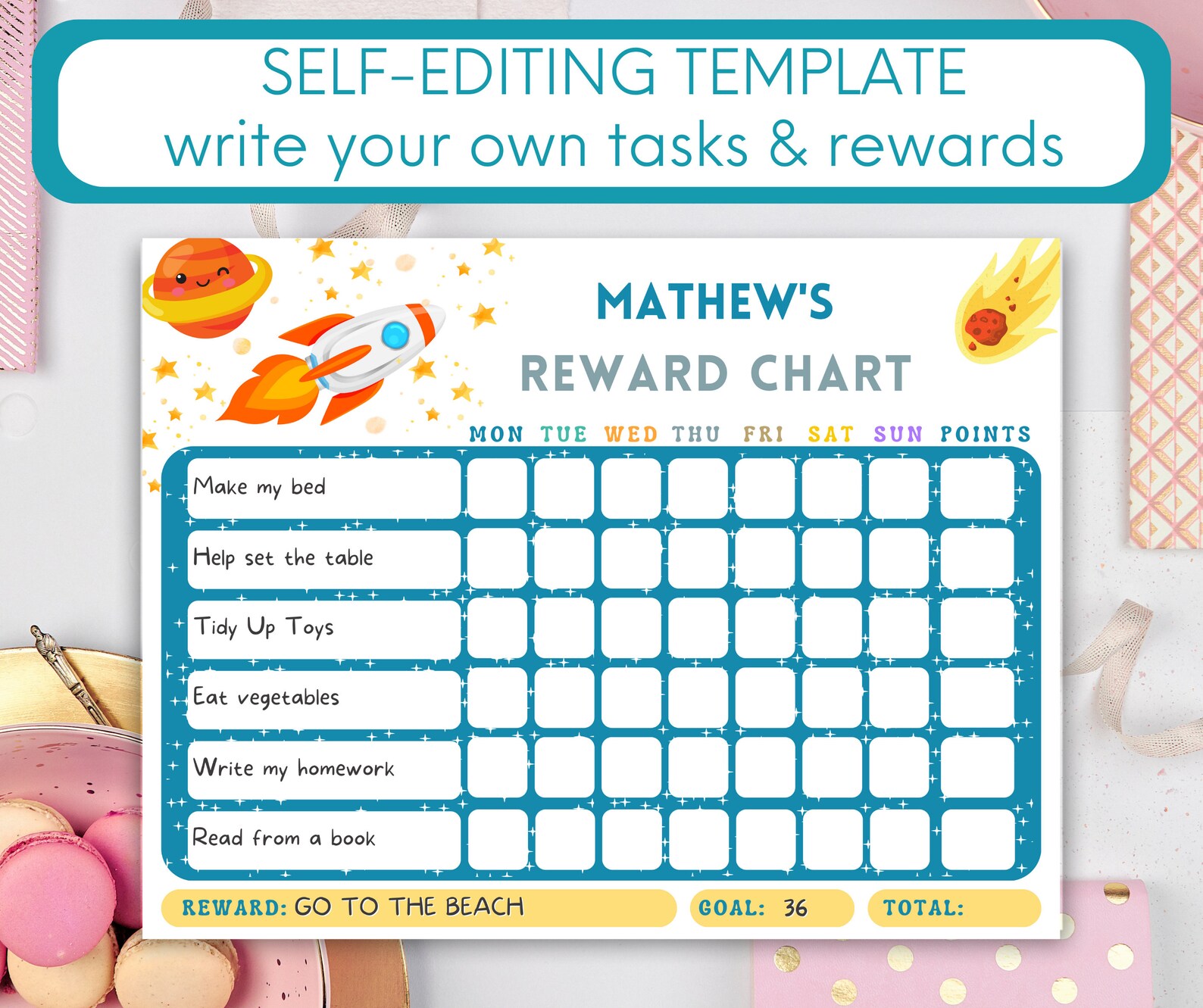 Editable Space Reward Chart Printable Behavior Chart Daily Chore Chart ...