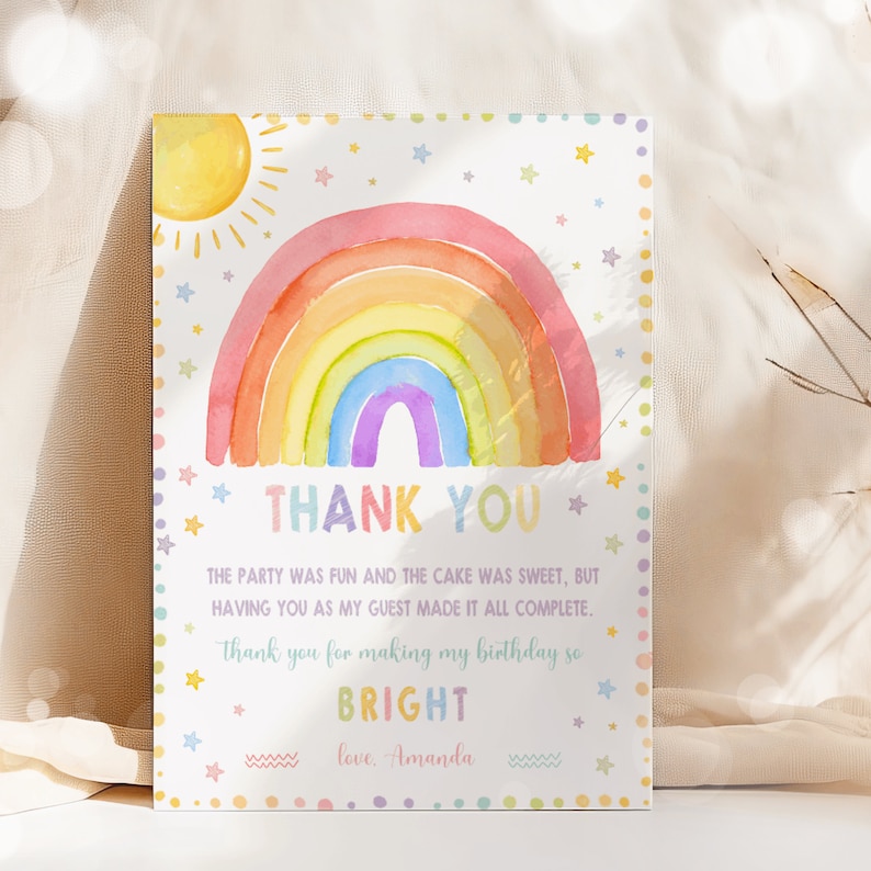 Editable Rainbow Birthday Thank You Cards Girl Rainbow Birthday Thank ...