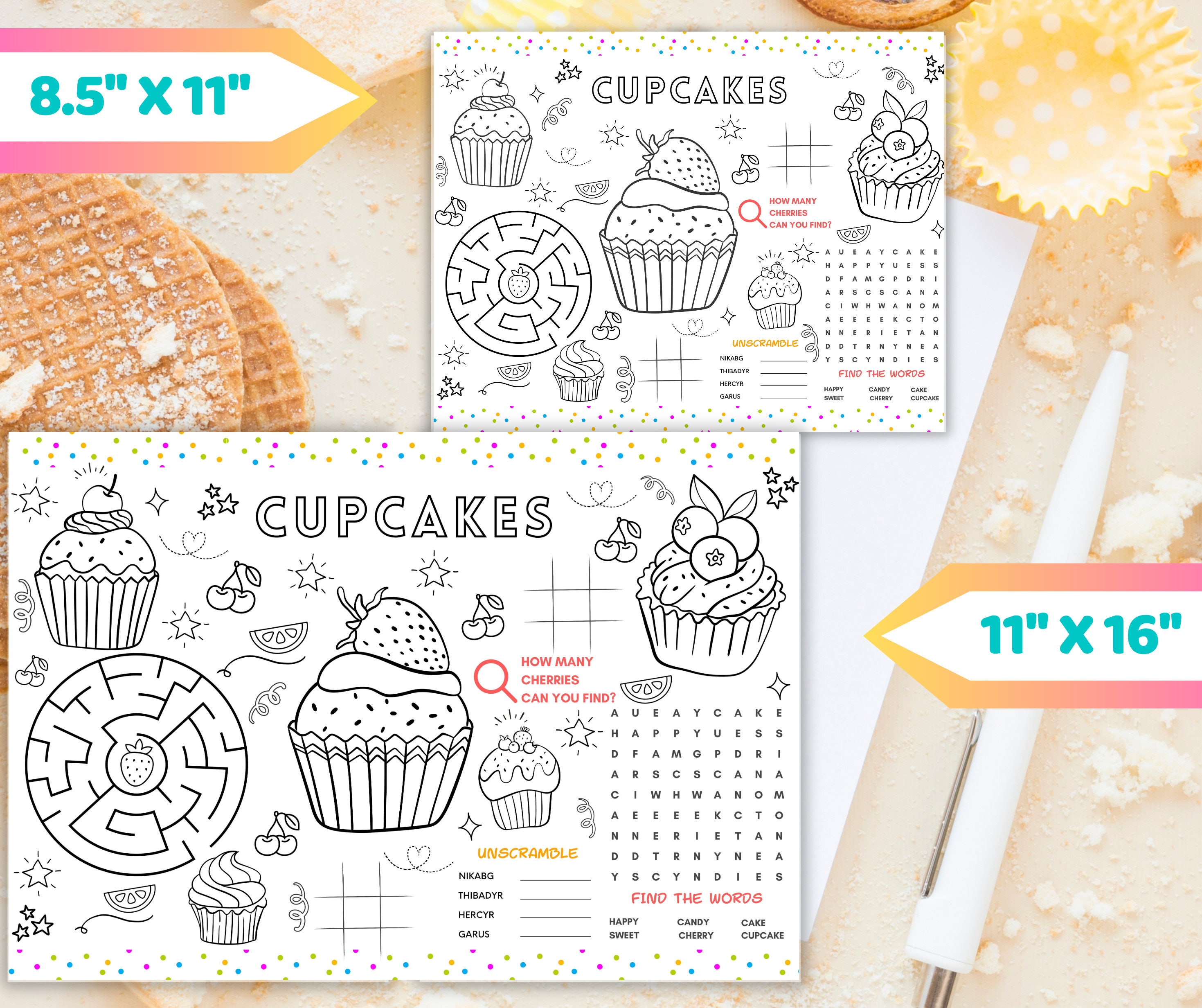 Cupcakes Kids Party Placemat Cupcakes Coloring Activity Placemat ...