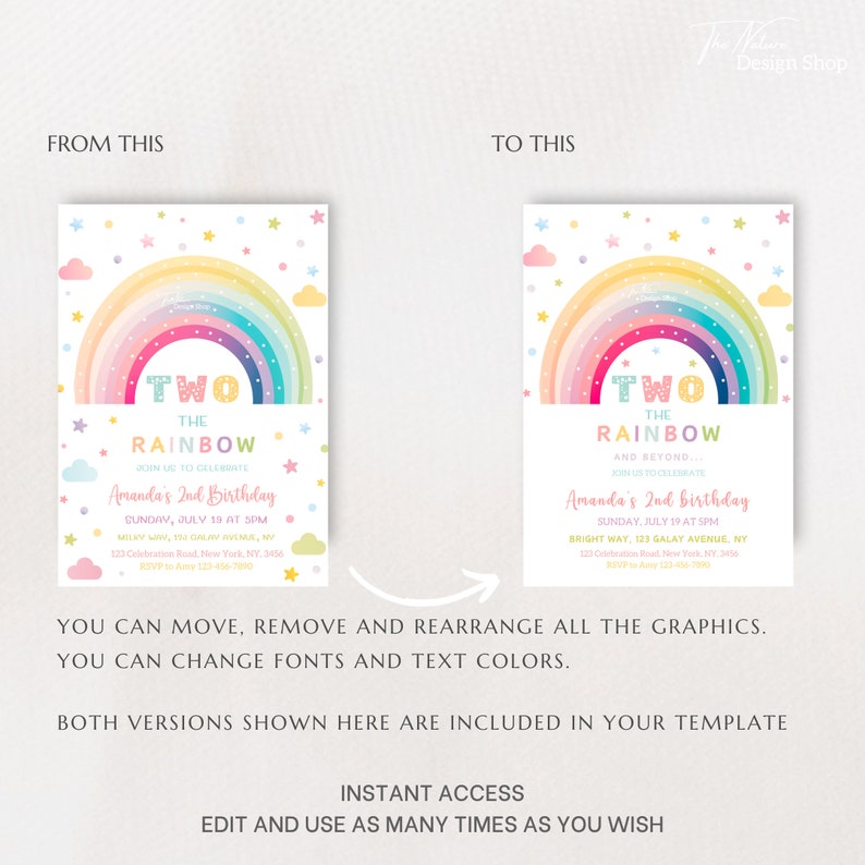 Editable Rainbow Birthday Invitation Girl Rainbow Birthday Invitation ...