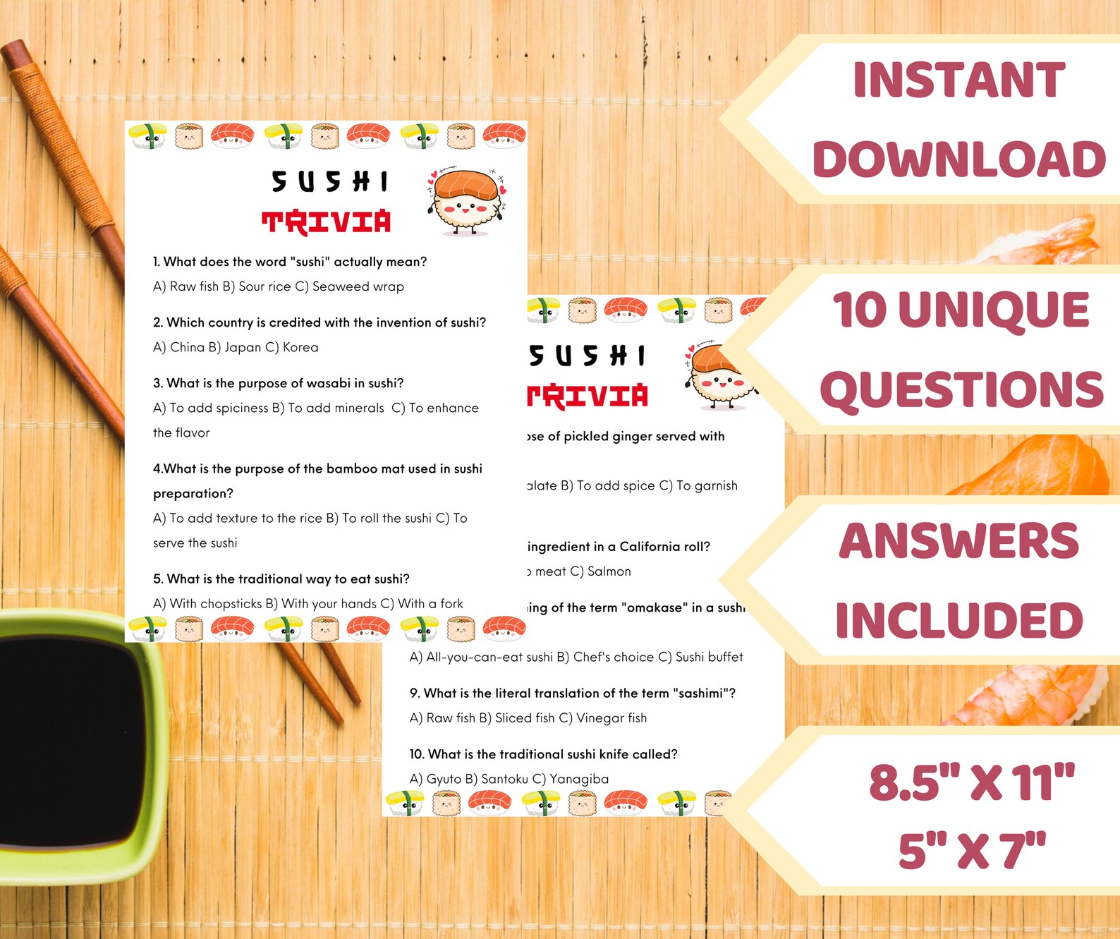 Sushi Trivia Game Sushi Party Kids Games Sushi Birthday Activity Sushi ...