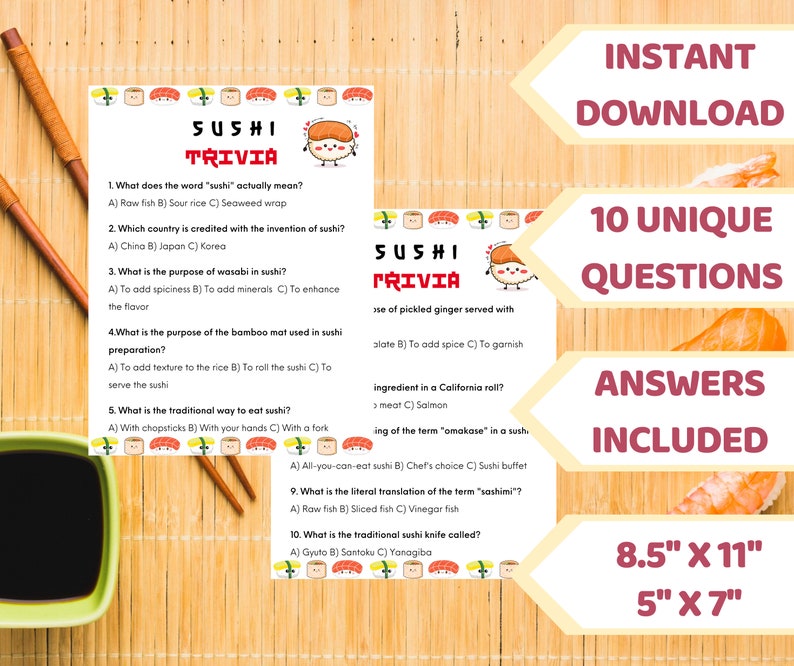 Sushi Trivia Game Sushi Party Kids Games Sushi Birthday Activity Sushi ...