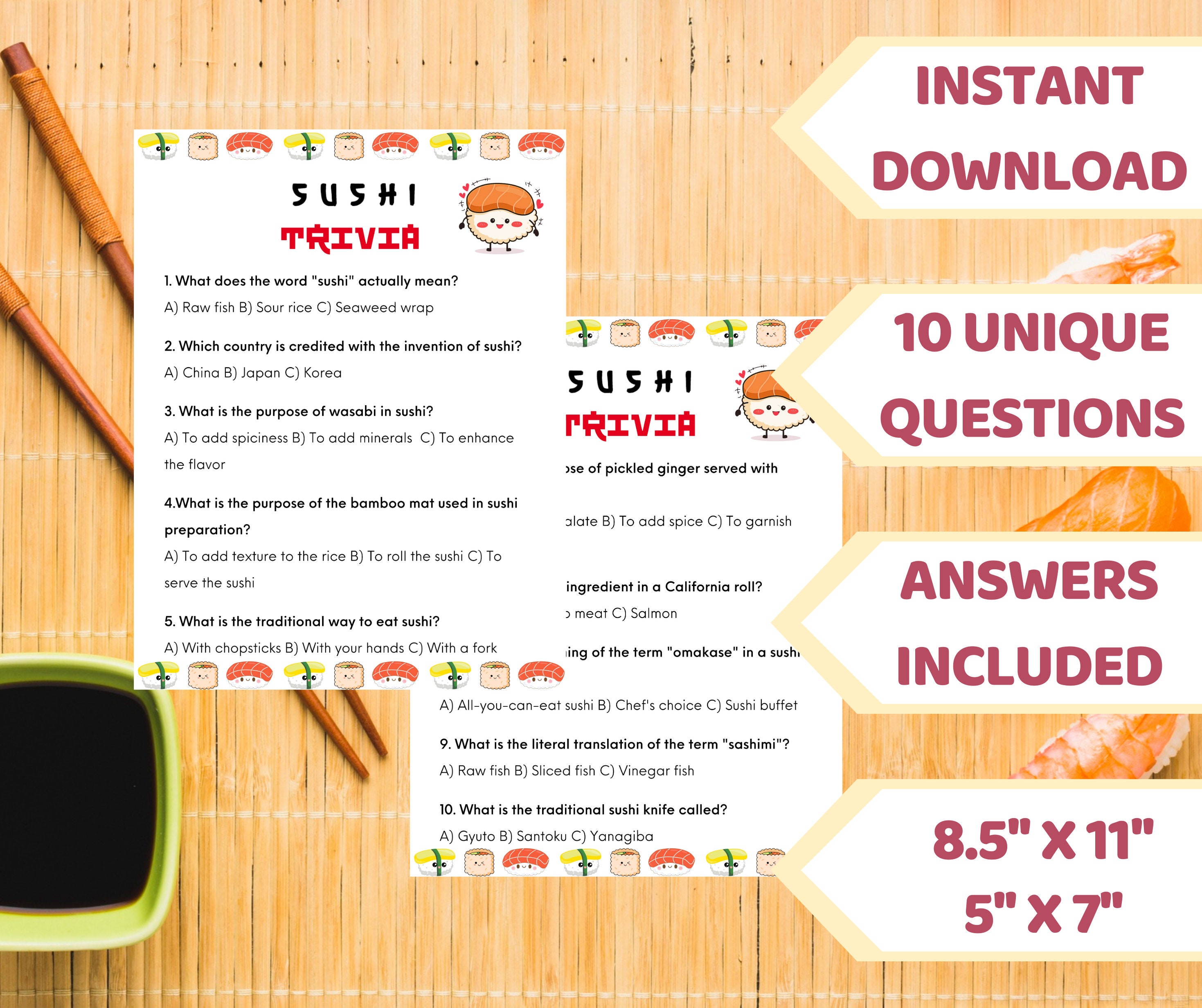 Sushi Trivia Game Sushi Party Kids Games Sushi Birthday Activity Sushi ...