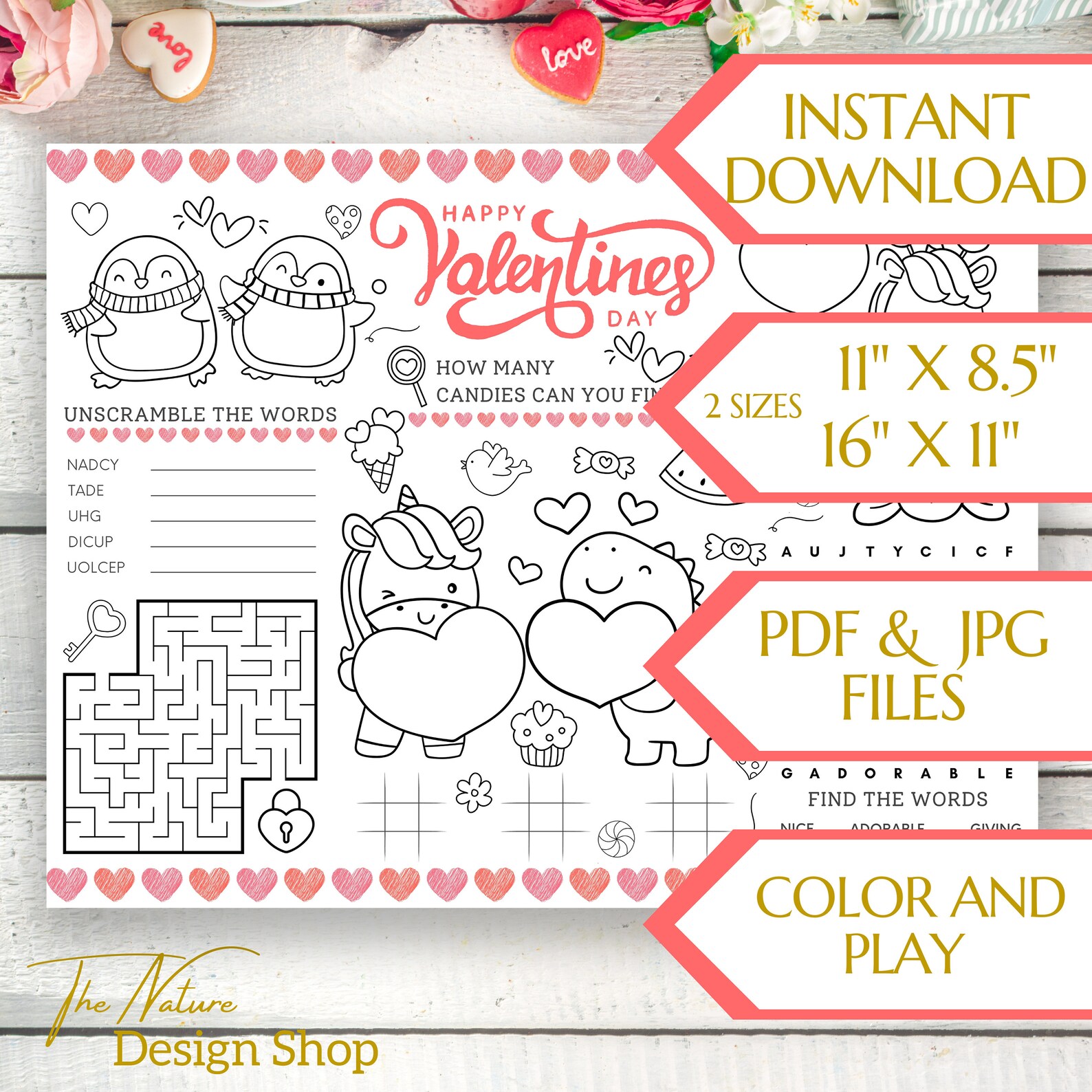 Valentines Coloring Placemat Valentines Coloring Sheet Valentine ...