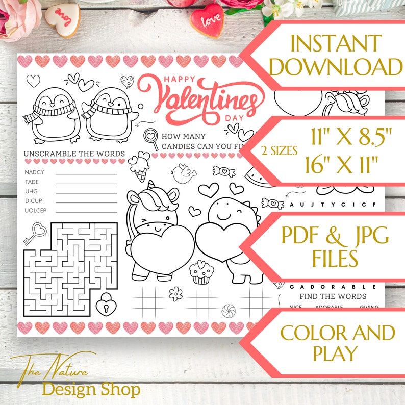 Valentines Coloring Placemat Valentines Coloring Sheet Valentine ...