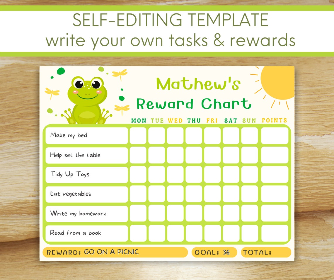 Editable Frog Reward Chart for Kids Daily Routine Chart Boys Chore ...