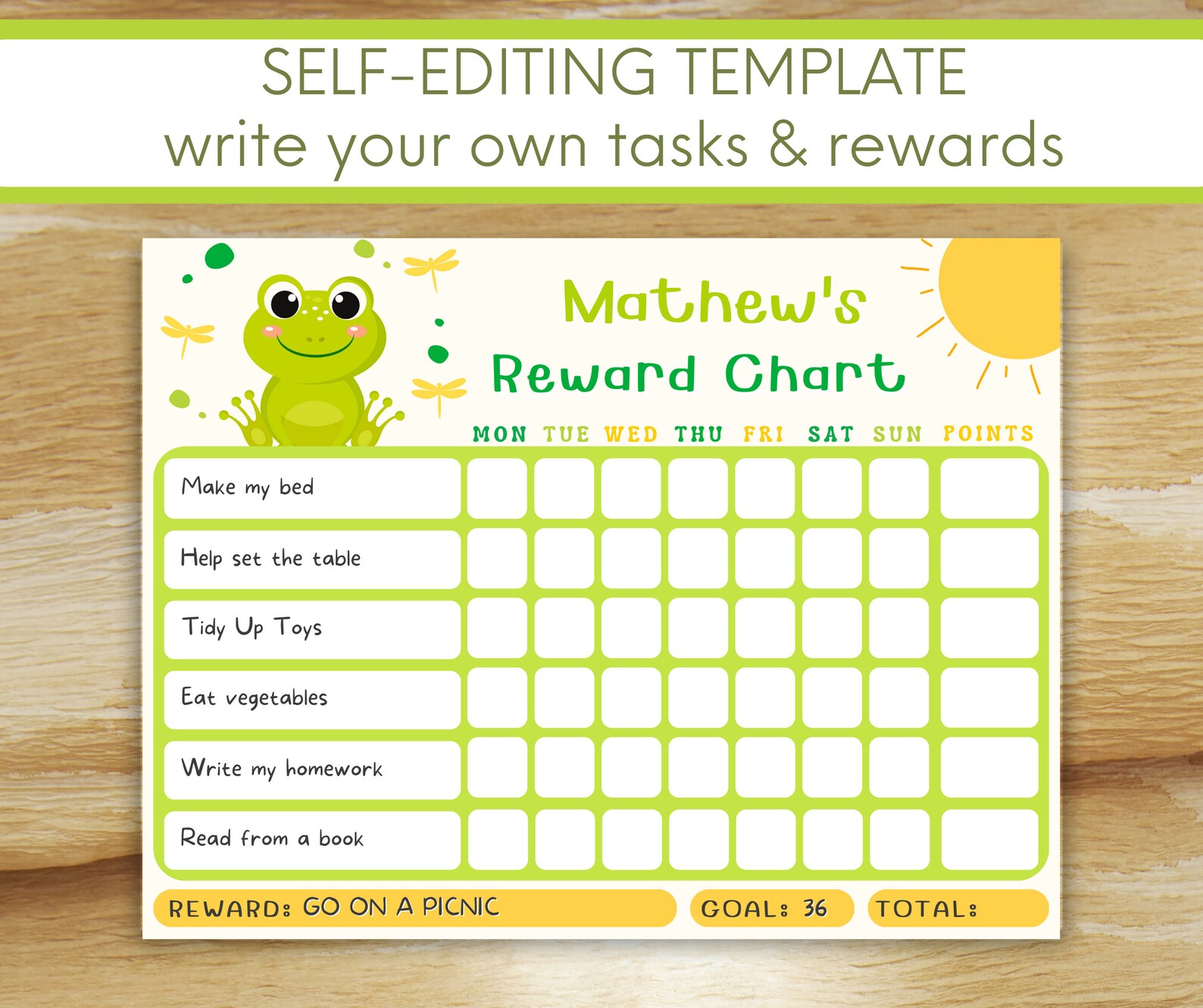 Editable Frog Reward Chart for Kids Daily Routine Chart Boys Chore ...