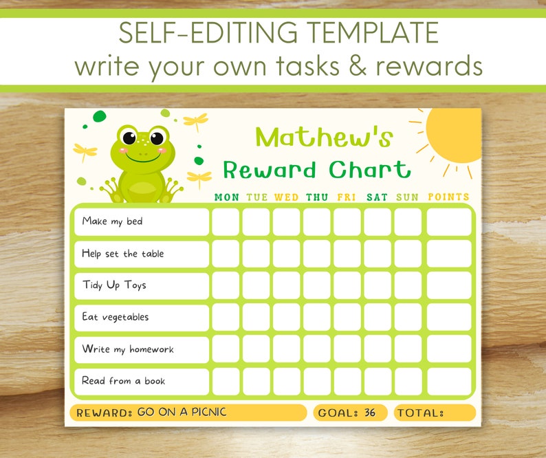 Editable Frog Reward Chart for Kids Daily Routine Chart Boys Chore ...