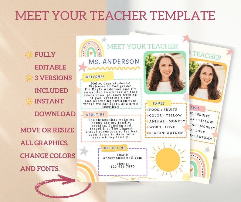 Meet the Teacher Editable Template Teacher Boho Rainbow Teacher Canva ...