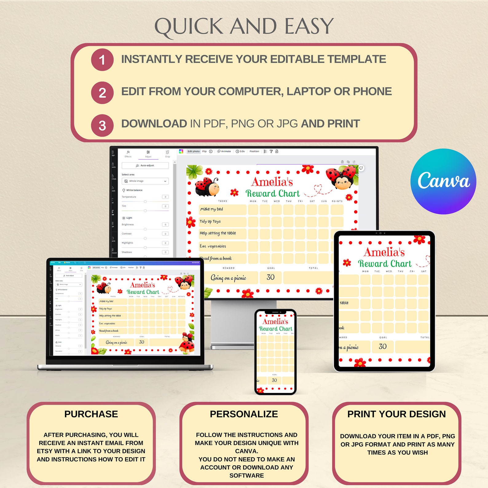 Editable Ladybugs Reward Chart for Kids Daily Routine Chart Kids Chore ...