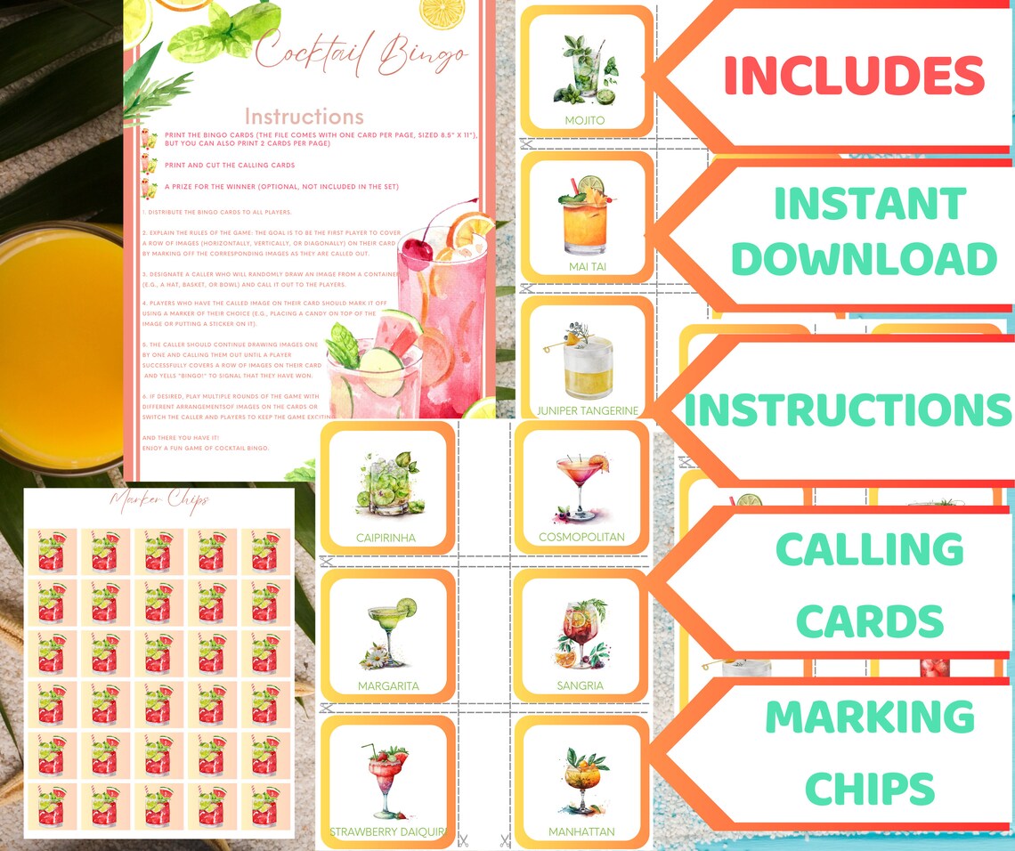 Cocktail Bingo Party Game Cocktail Game Bachelorette Party Game ...