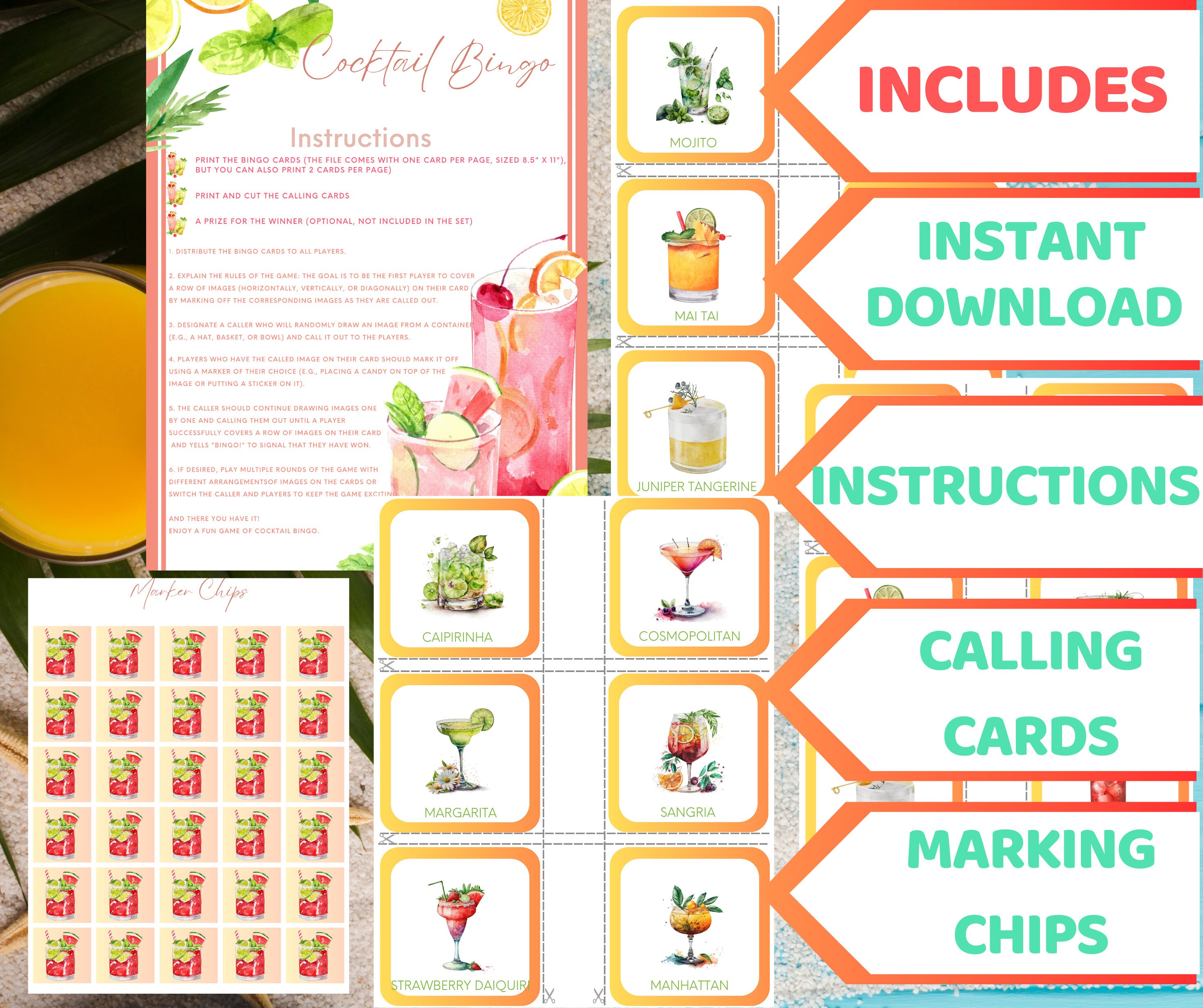 Cocktail Bingo Party Game Cocktail Game Bachelorette Party Game ...