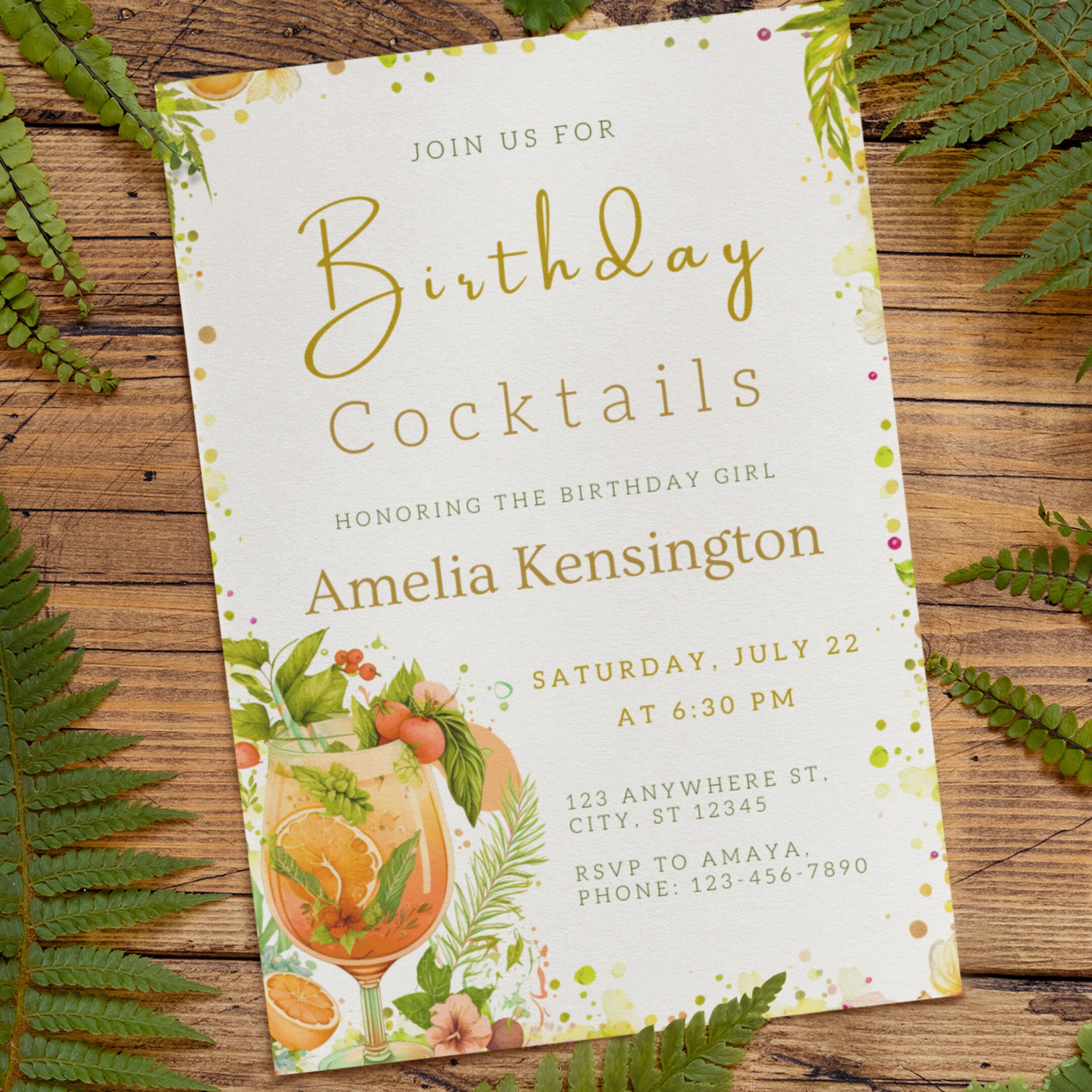 Editable Cocktail Birthday Party Invitation Cocktail Tropical Invite ...