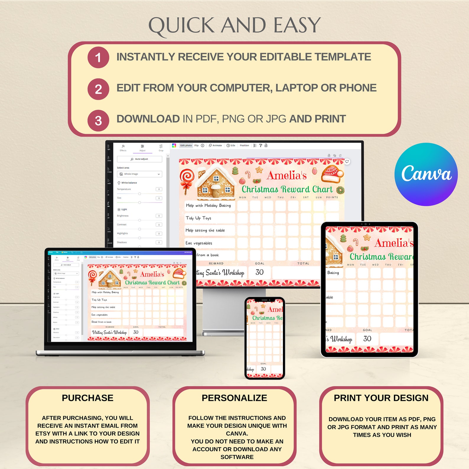 Editable Christmas Reward Chart for Kids Daily Routine Chart - Etsy