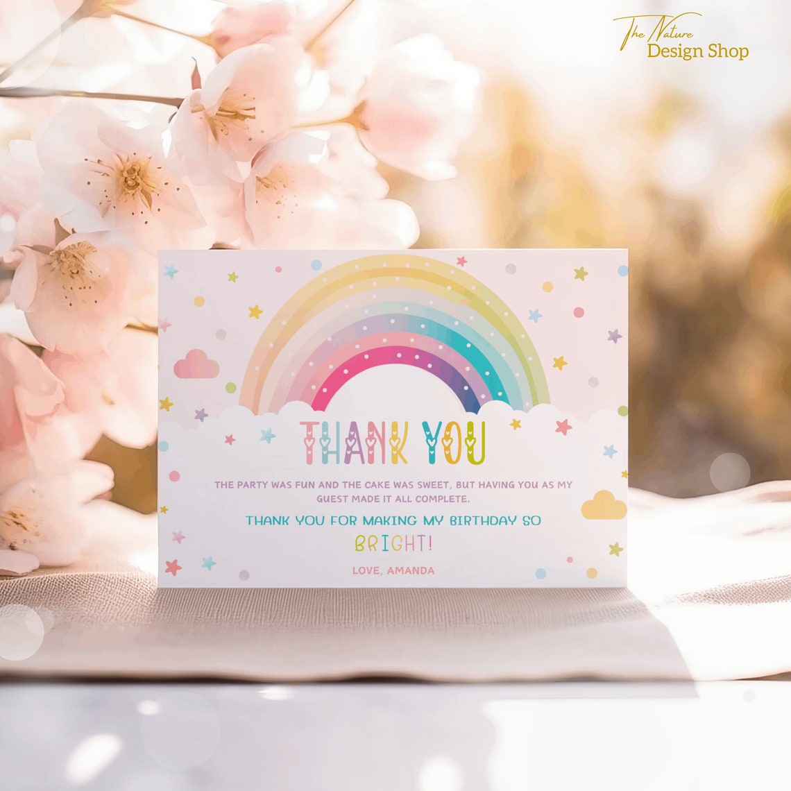 Editable Rainbow Birthday Thank You Cards Girl Rainbow Birthday Thank ...