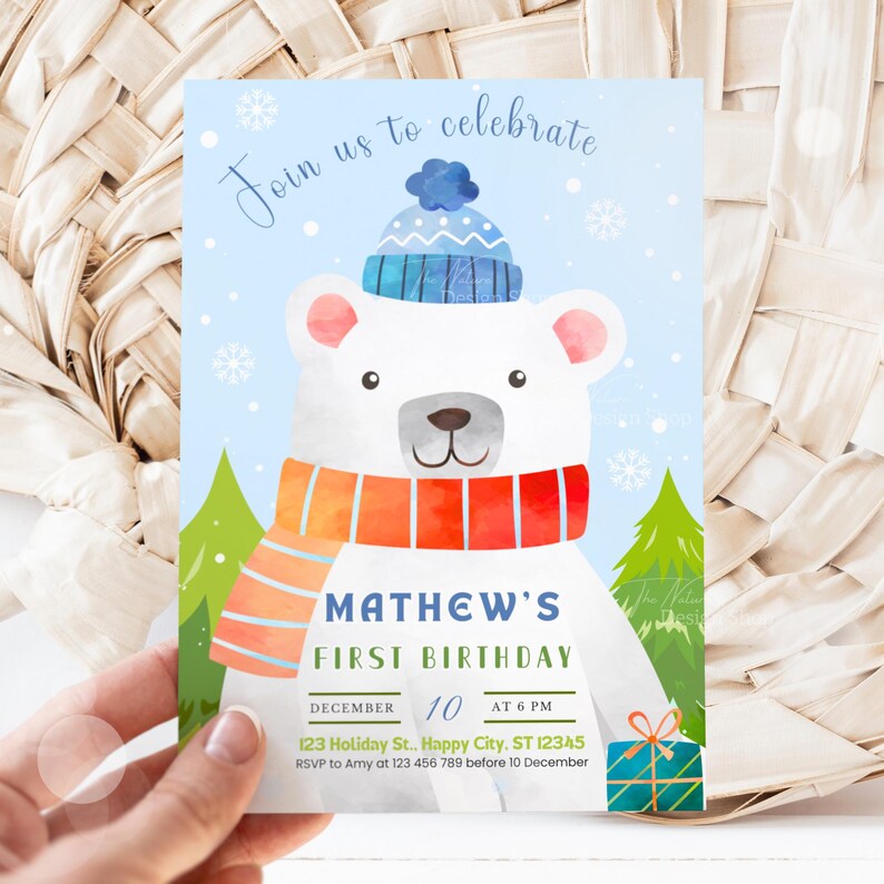 Editable Polar Bear Birthday Invitation Winter Birthday Party ...