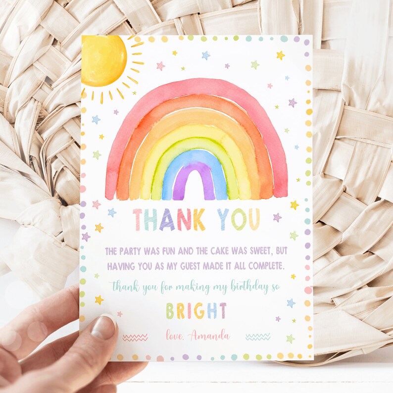 Editable Rainbow Birthday Thank You Cards Girl Rainbow Birthday Thank ...