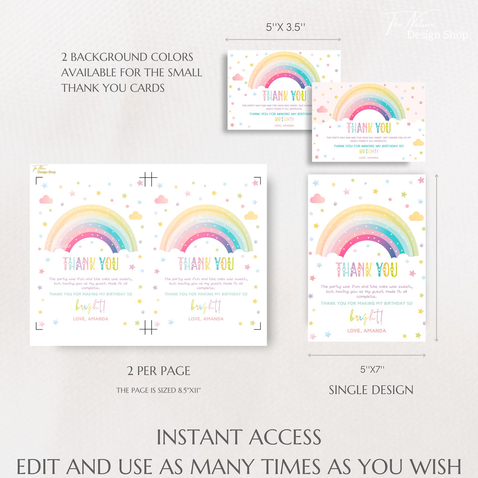 Editable Rainbow Birthday Thank You Cards Girl Rainbow Birthday Thank ...