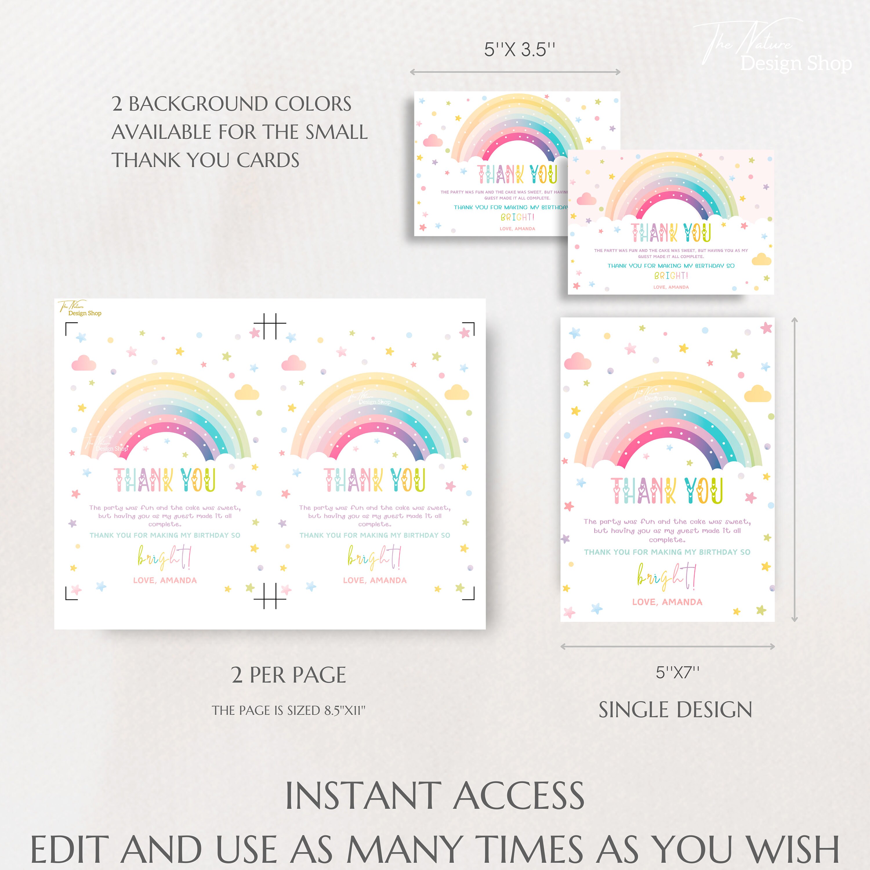 Editable Rainbow Birthday Thank You Cards Girl Rainbow Birthday Thank ...