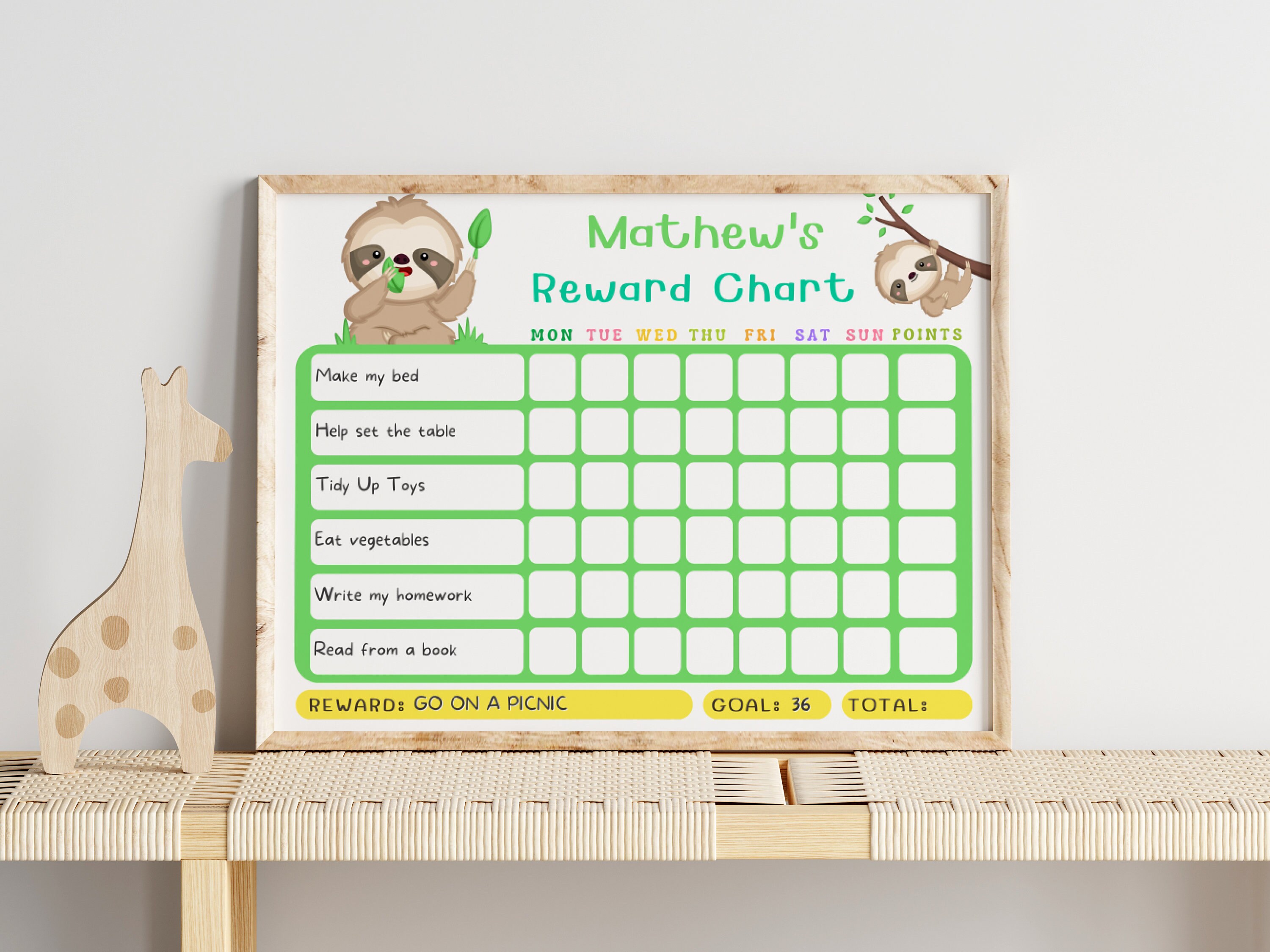 Editable Sloth Reward Chart for Kids Daily Routine Chart Boys Chore ...