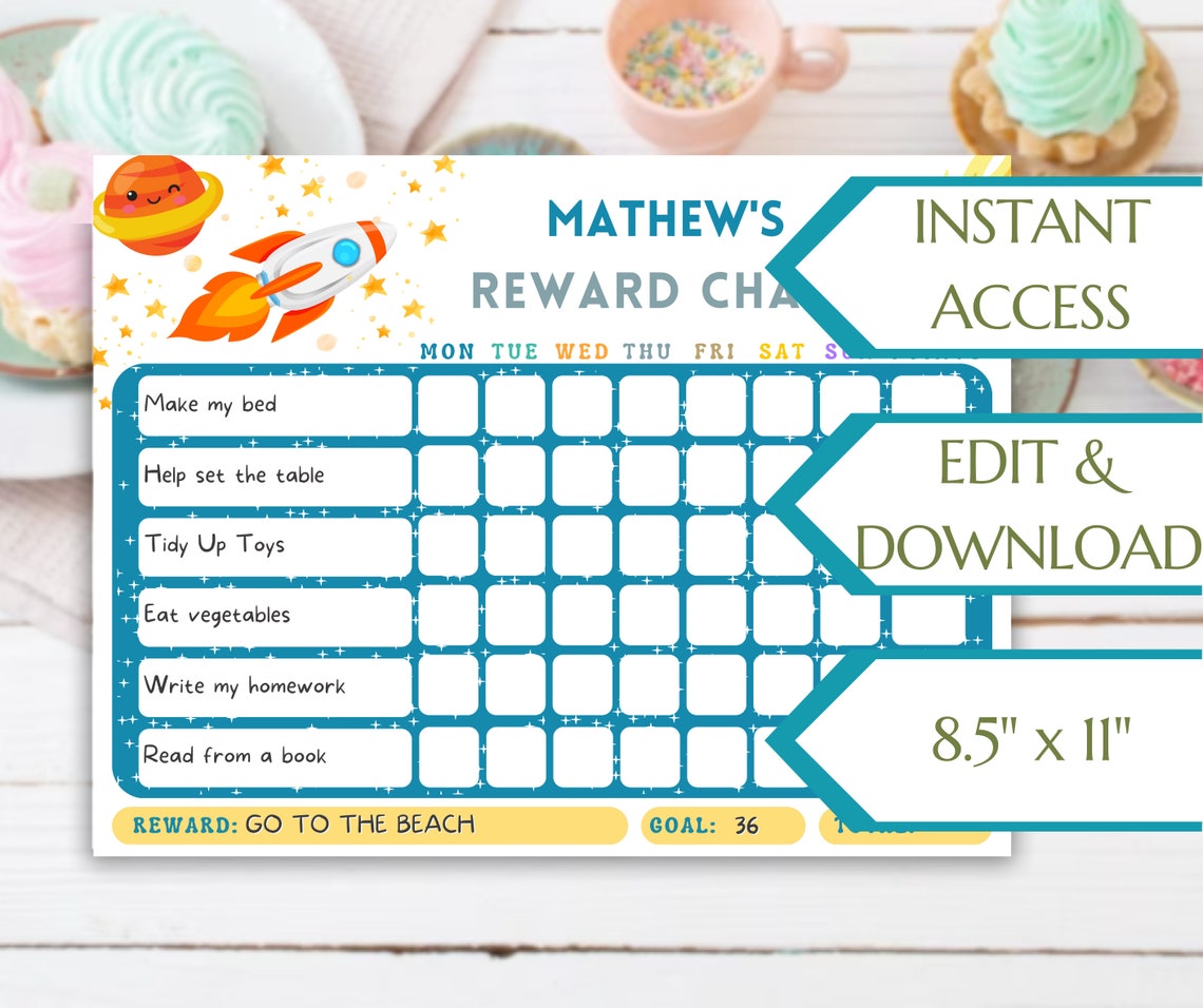Editable Space Reward Chart Printable Behavior Chart Daily Chore Chart ...