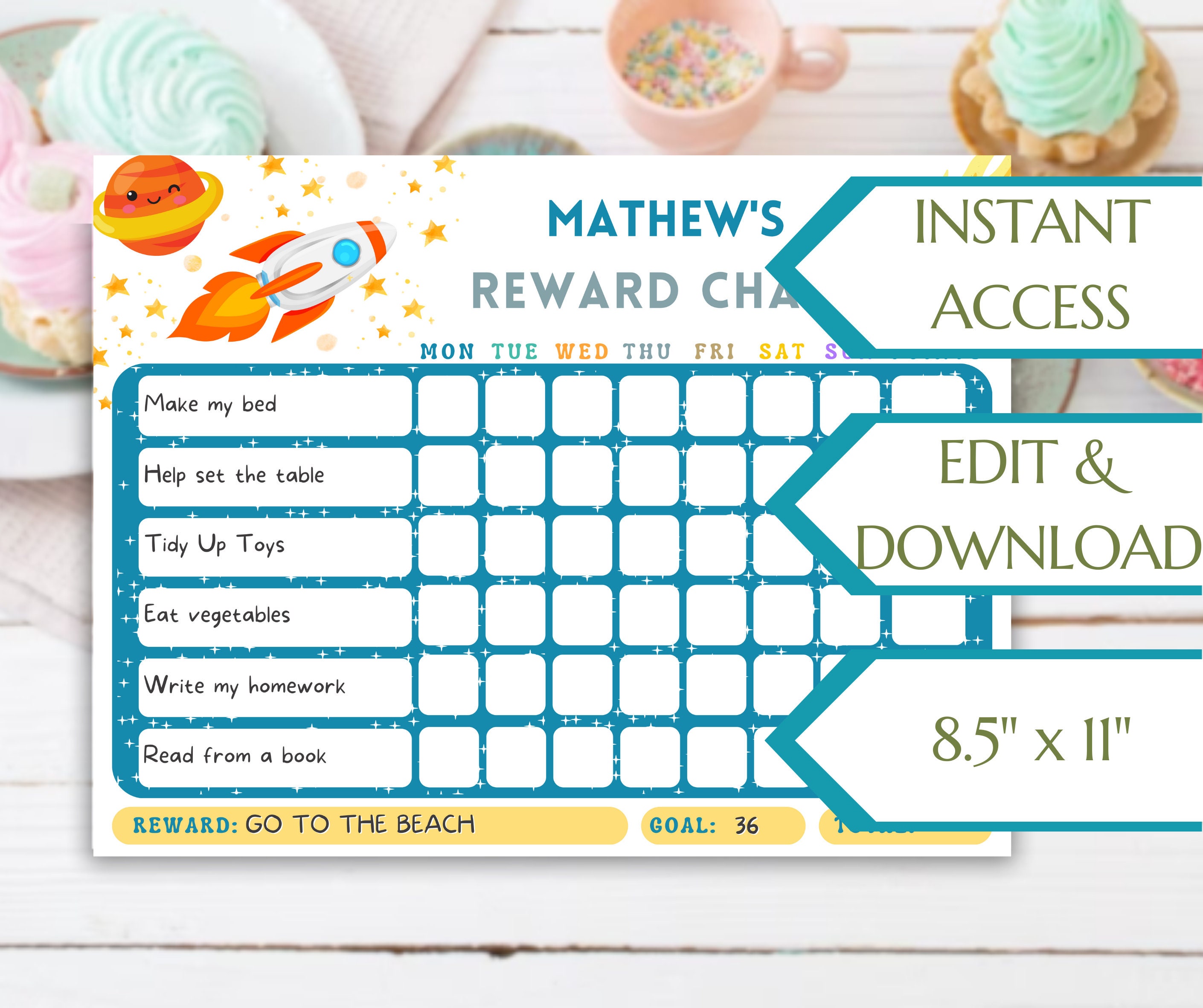 Editable Space Reward Chart Printable Behavior Chart Daily Chore Chart ...