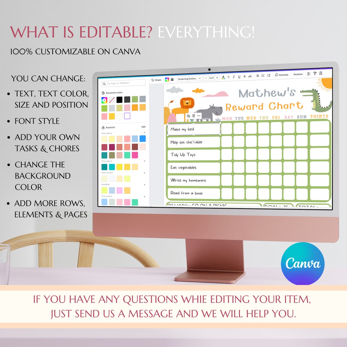 Editable Animals Reward Chart for Kids Daily Routine Chart Kids Chore ...